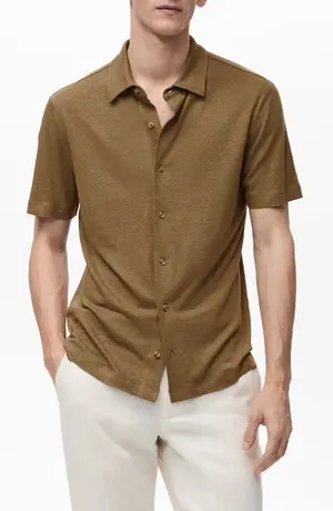 Mango Regular Fit Short Sleeve Linen Blend Button-up Shirt Khaki