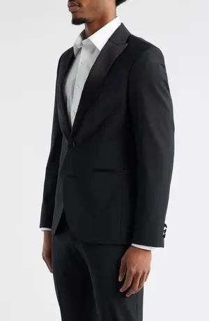 OPEN EDIT Black Peaked Lapel Stretch Wool Blend Tuxedo Jacket