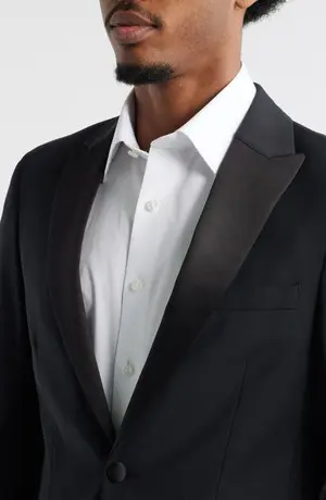OPEN EDIT Black Peaked Lapel Stretch Wool Blend Tuxedo Jacket