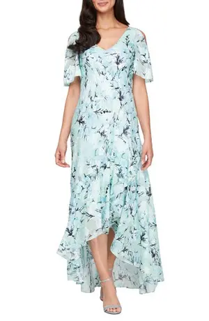 Alex Evenings Floral Chiffon High-low Gown - Mint Multi