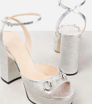 Gucci Horsebit Metallic Leather Platform Sandals - Silver