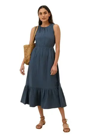 PACT Organic Cotton Coastal Double Gauze Tiered Midi Dress - French Navy