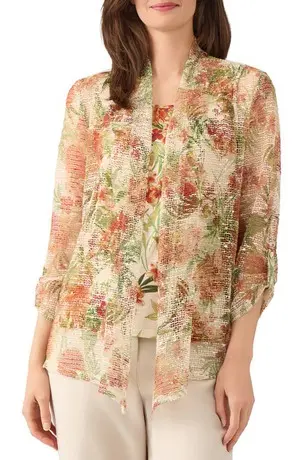 KASPER Floral Mesh Open-front Cardigan