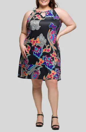 24SEVEN COMFORT APPAREL Print Sleeveless Keyhole Dress - Black Multi