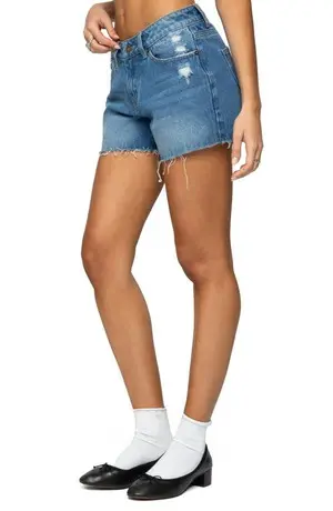 EDIKTED Scottie Raw Hem Denim Shorts - Blue