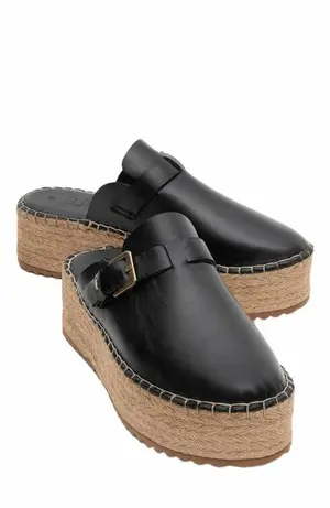FOREVER & ALWAYS SHOES Novas Leather Platform Espadrille Mules - Black Leather