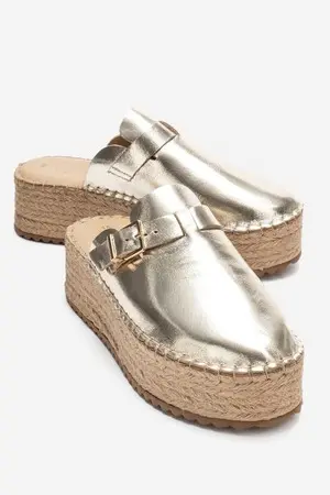FOREVER & ALWAYS SHOES Novas Leather Platform Espadrille Mules - Gold