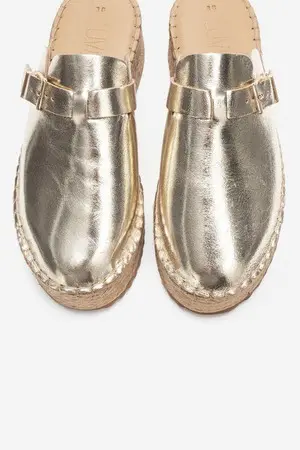 FOREVER & ALWAYS SHOES Novas Leather Platform Espadrille Mules - Gold