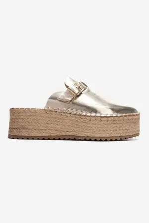FOREVER & ALWAYS SHOES Novas Leather Platform Espadrille Mules - Gold