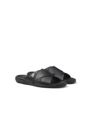 Prada Leather Crisscross Slides - Black