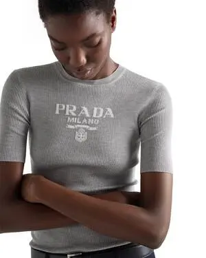 Prada Silk Crew-neck Sweater With Logo - Grey