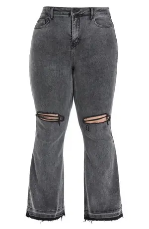 BAYEAS Lauren High Waist Ripped Flare Jeans - Grey