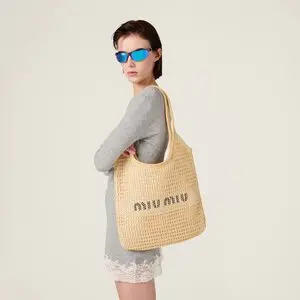 Miu Miu Raffia-effect And Linen Bag - Natural