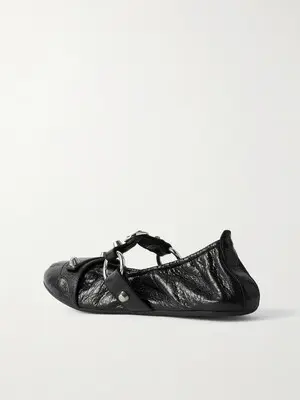 Balenciaga City Embellished Crinkled-leather Ballet Flats - Black
