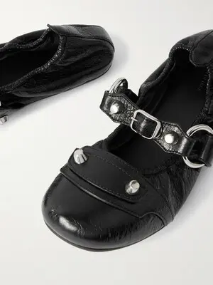 Balenciaga City Embellished Crinkled-leather Ballet Flats - Black