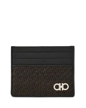 FERRAGAMO Gancio Woven Leather Card Case - Brown