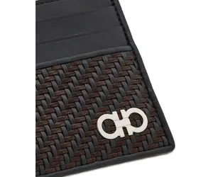 FERRAGAMO Gancio Woven Leather Card Case - Brown