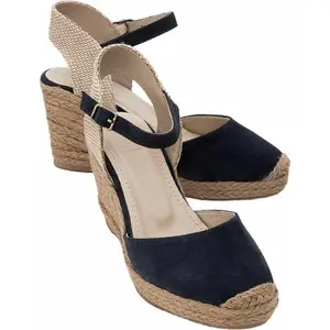 FOREVER & ALWAYS SHOES Sinta Platform Espadrille Sandals - Navy Suede Leather