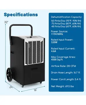 VOLENCA 163 Pints Commercial Dehumidifier Crawl Space Dehumidifier With Pump And Drain Hose