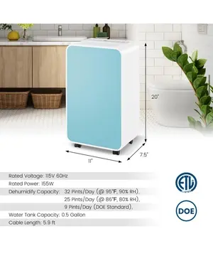 VOLENCA 32 Pints/day Portable Quiet Dehumidifier For Rooms Up To 2500 Sq. Ft