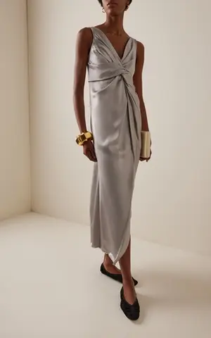 Marina Moscone Twisted Satin Midi Dress - Light Grey