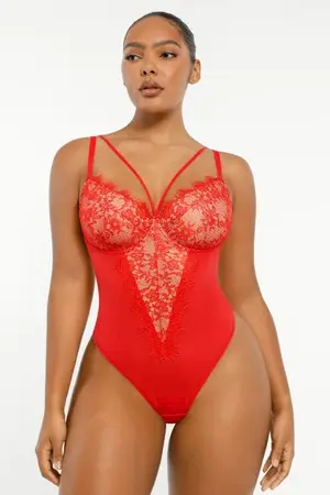 SHAPELLX Sheer Lace Mesh Bodysuit - Ruby Red