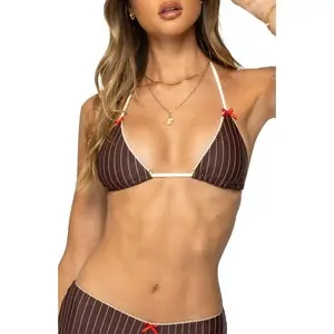 EDIKTED Pinstripe Triangle Bikini Top - Brown