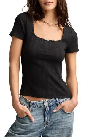 Lucky Brand Pointelle Square Neck Top - Jet Black