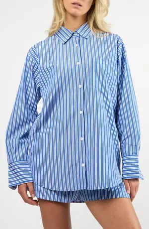 VIENS AVEC MOI Striped Cotton Blend Button-up Shirt - Blue