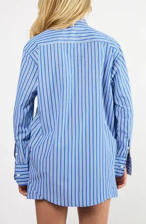 VIENS AVEC MOI Striped Cotton Blend Button-up Shirt - Blue