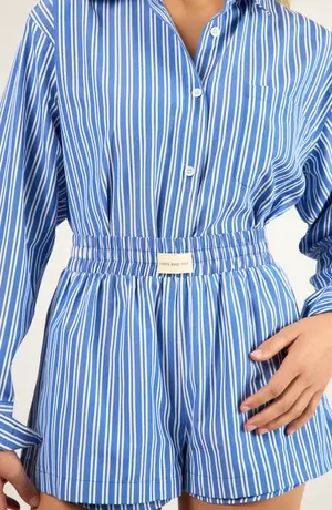 VIENS AVEC MOI Striped Cotton Blend Button-up Shirt - Blue