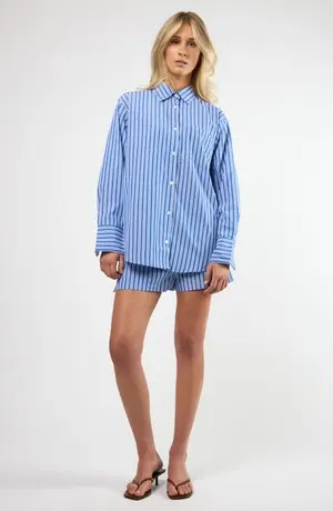 VIENS AVEC MOI Striped Cotton Blend Button-up Shirt - Blue