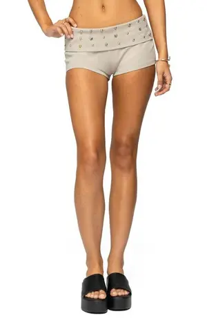 EDIKTED Studded Foldover Micro Shorts - Beige