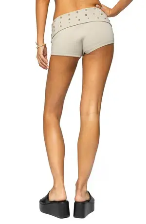 EDIKTED Studded Foldover Micro Shorts - Beige