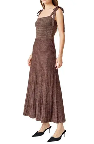 Endless Rose Tie Strap Metallic Maxi Sweater Dress - Brown