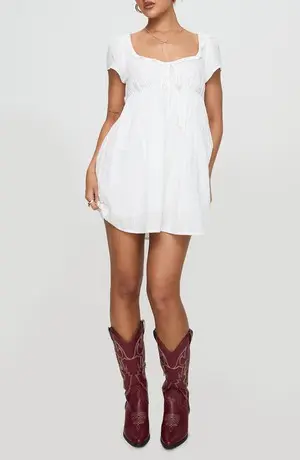 Princess Polly Montserrat Tonal Stripe Recycled Cotton Babydoll Mini Dress - White
