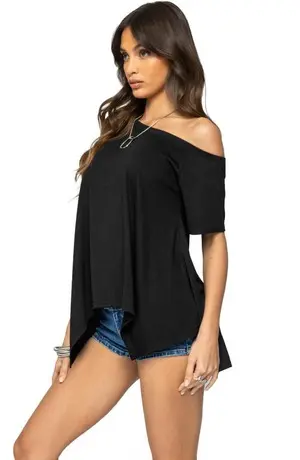 EDIKTED One-shoulder Handkerchief Hem Knit Top - Black