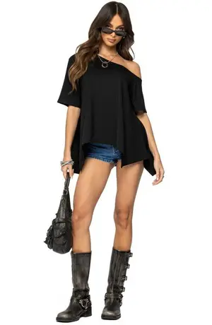 EDIKTED One-shoulder Handkerchief Hem Knit Top - Black