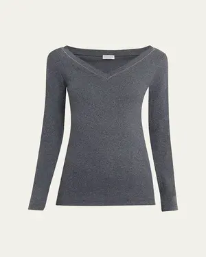 Brunello Cucinelli Monili V-Neck Ribbed Top - Piombo