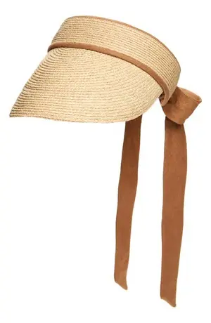 Lack Of Color Straw Visor With Linen Bow Detail - Natural
