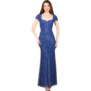 LARA NEW YORK Beaded Mermaid Gown With Cap Sleeves - Blue