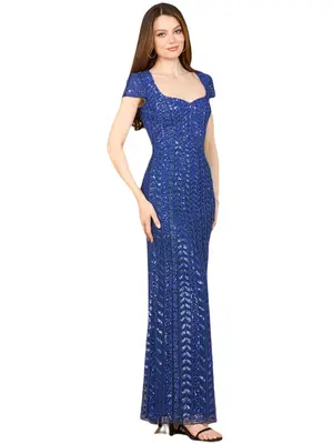 LARA NEW YORK Beaded Mermaid Gown With Cap Sleeves