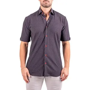 MACEOO Galileo Resistance Dot Print Short Sleeve Button-up Shirt - Black
