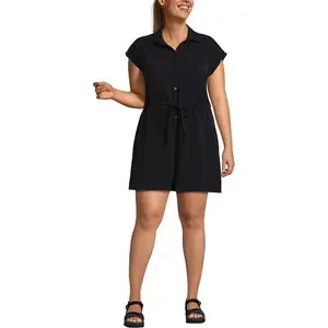 LANDS' END Cap Sleeve Creaseless Button-down Romper - Black