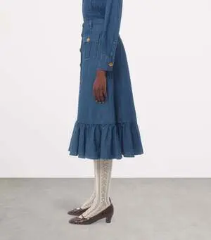 Valentino Garavani Denim Midi Skirt With V-detail Buttons - Blue