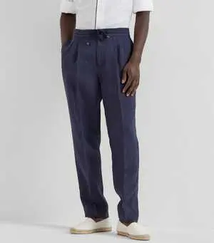 Brunello Cucinelli Linen Drawstring Leisure Trousers - Blue