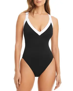 BLEU BY ROD BEATTIE Plunge Neck Cross Back One Piece Swimsuit - Black