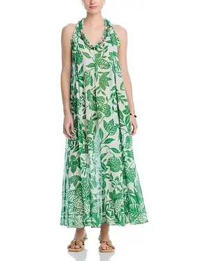 Poupette St Barth Nava Maxi Dress - White Green Macro Stelis