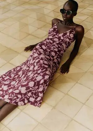 ME+EM Midnight Hibiscus Print Ruched Maxi Dress