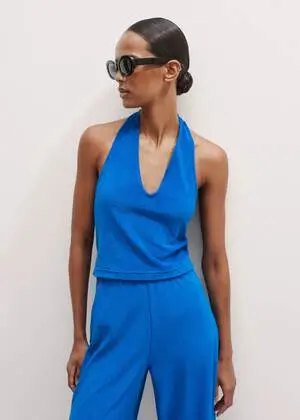 ME+EM Towelling Halterneck Crop Top - Lapis Blue